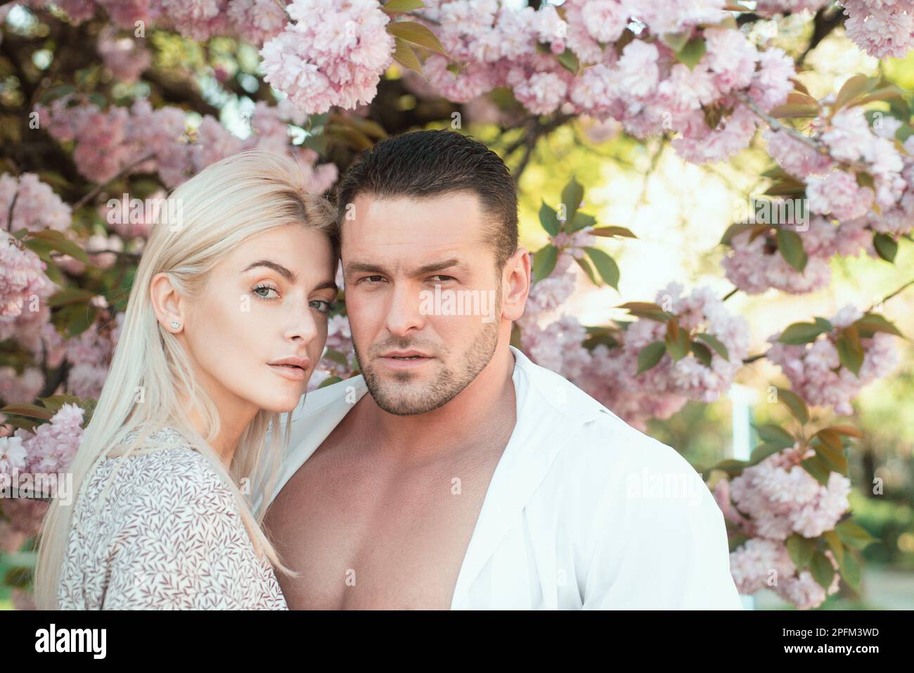 Spring couple in love walking in sakura park and looking cherry ...