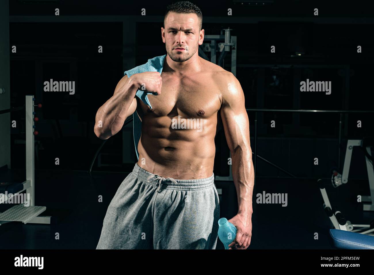 Sport health. Stay hydrated concept. Weightlifter gym man preparing for ...