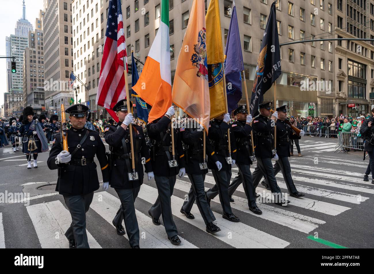New York, USA. 17th Mar, 2023. The NYPD Honor Guard marches in New York ...