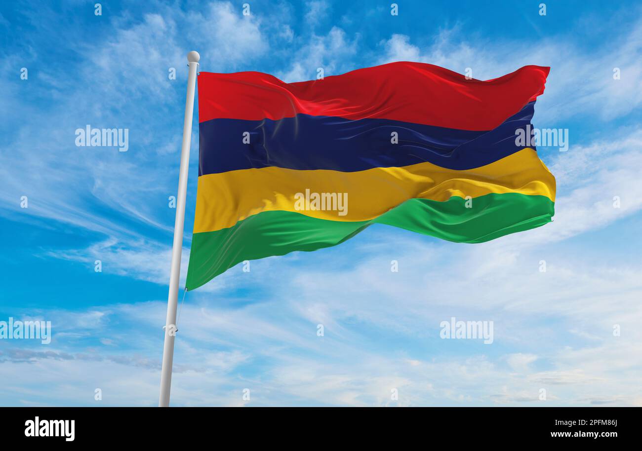 flag of French Creole peoples Mauritians at cloudy sky background ...