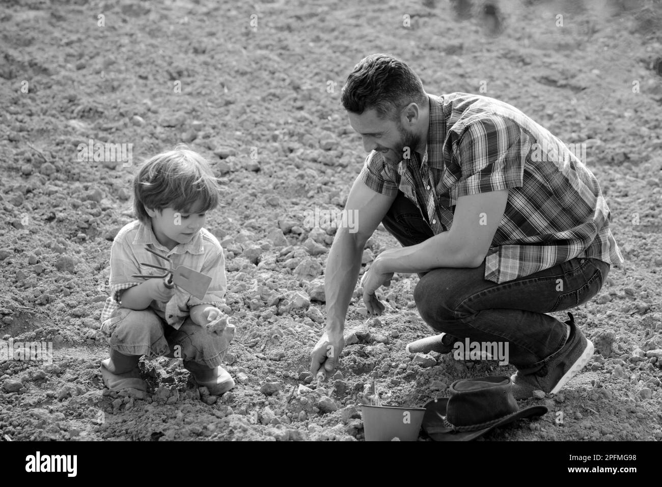 Father and son planting seedling in ground on Garden. Father and son ...