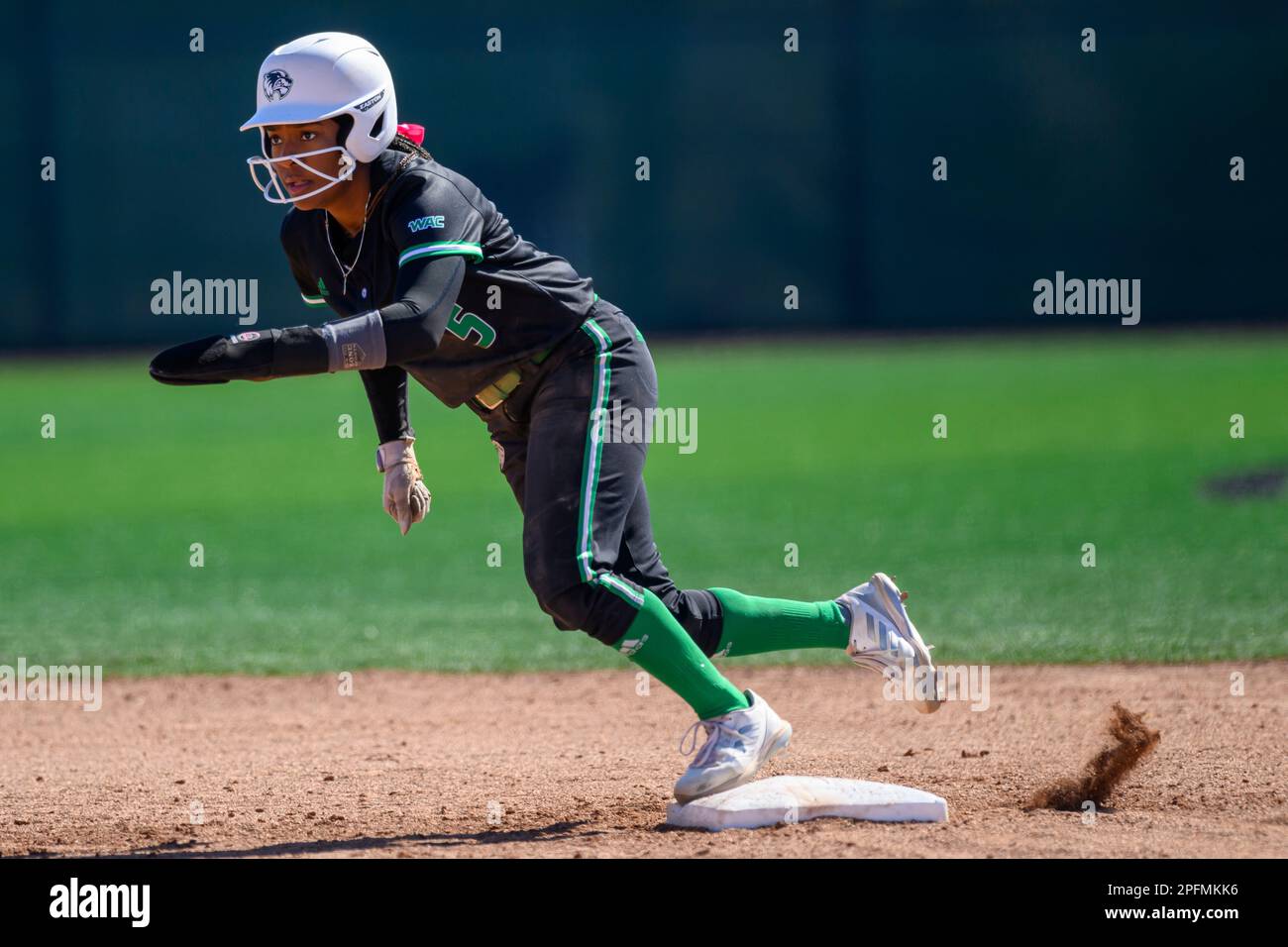 Utah Valley infielder Danye Albritton (5) runs to steal third base ...