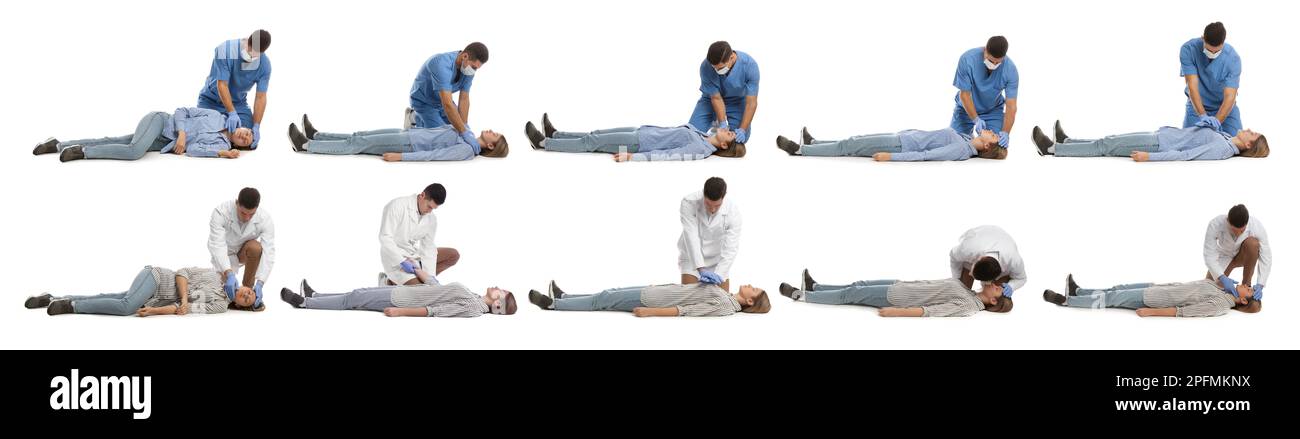 Doctor performing first aid on unconscious woman against white ...