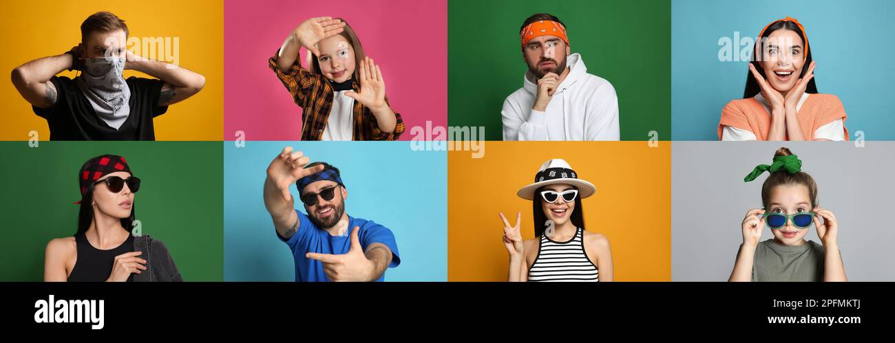 Collage with photos of people wearing stylish bandanas on different ...