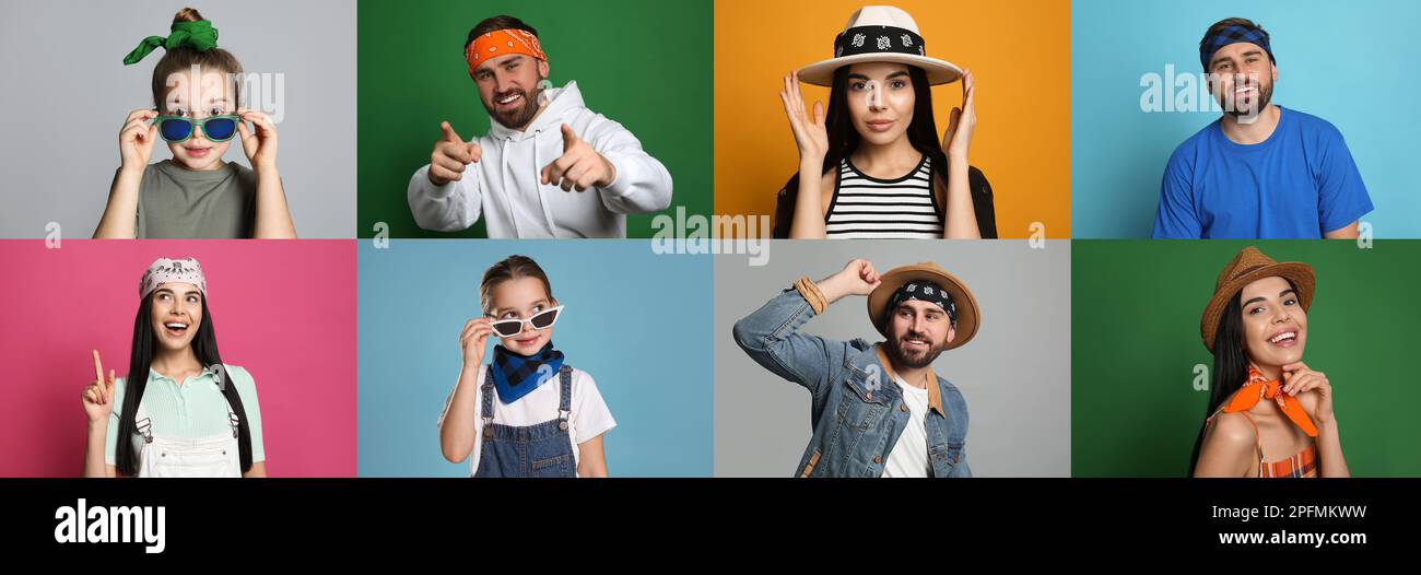 Collage with photos of people wearing stylish bandanas on different ...