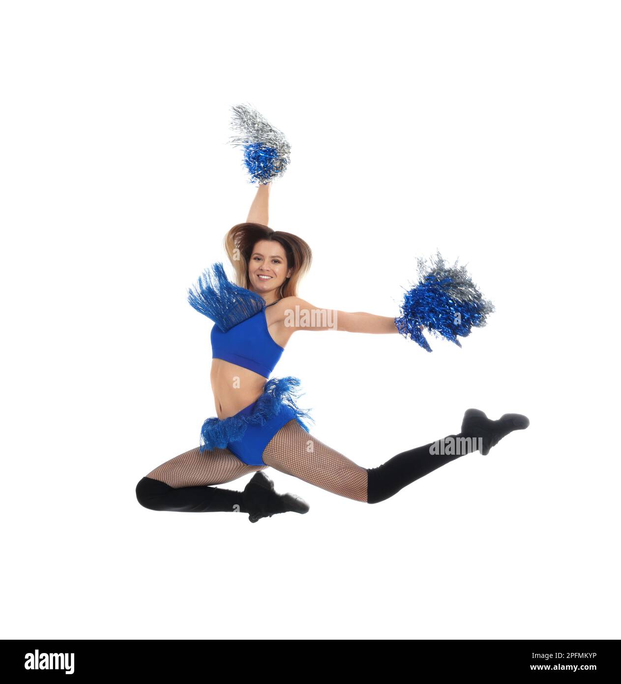 Beautiful cheerleader in costume holding pom poms on white background ...