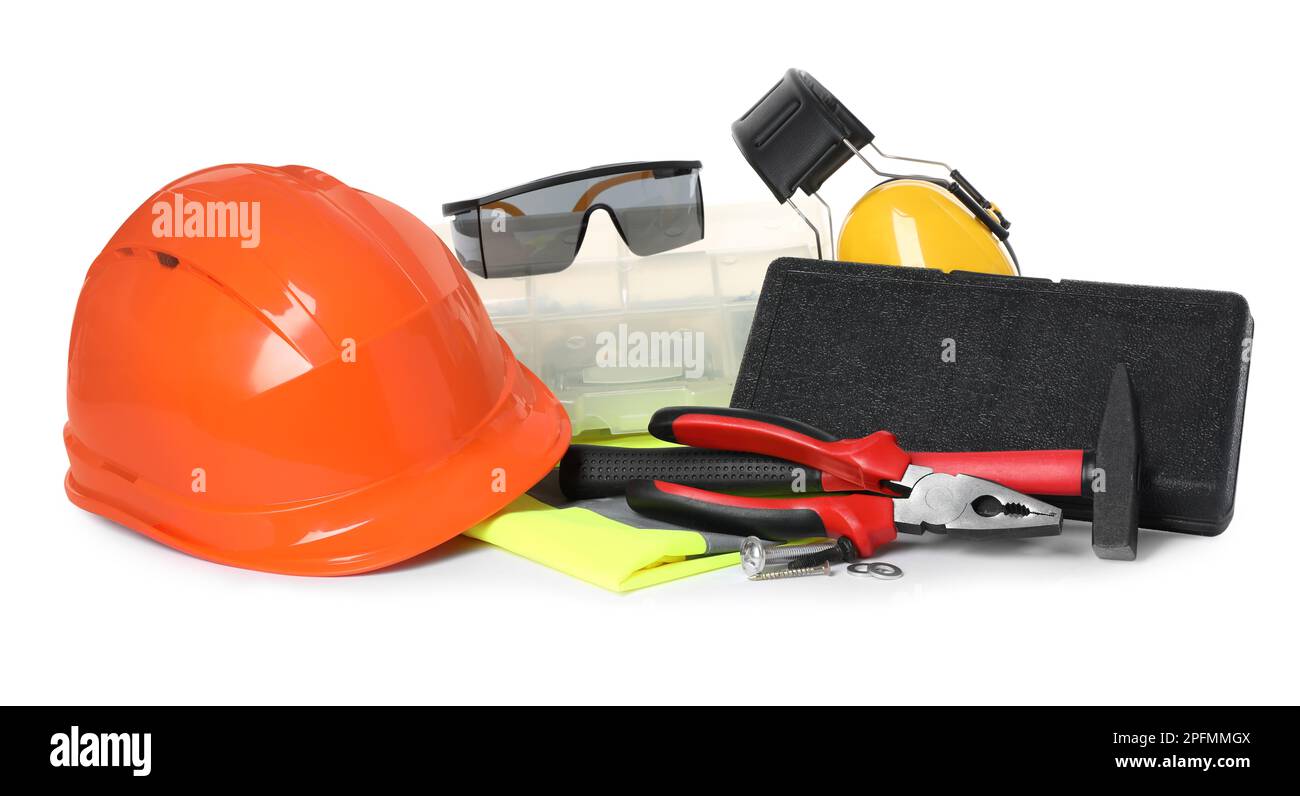 Different personal protective equipment and tools on white background ...