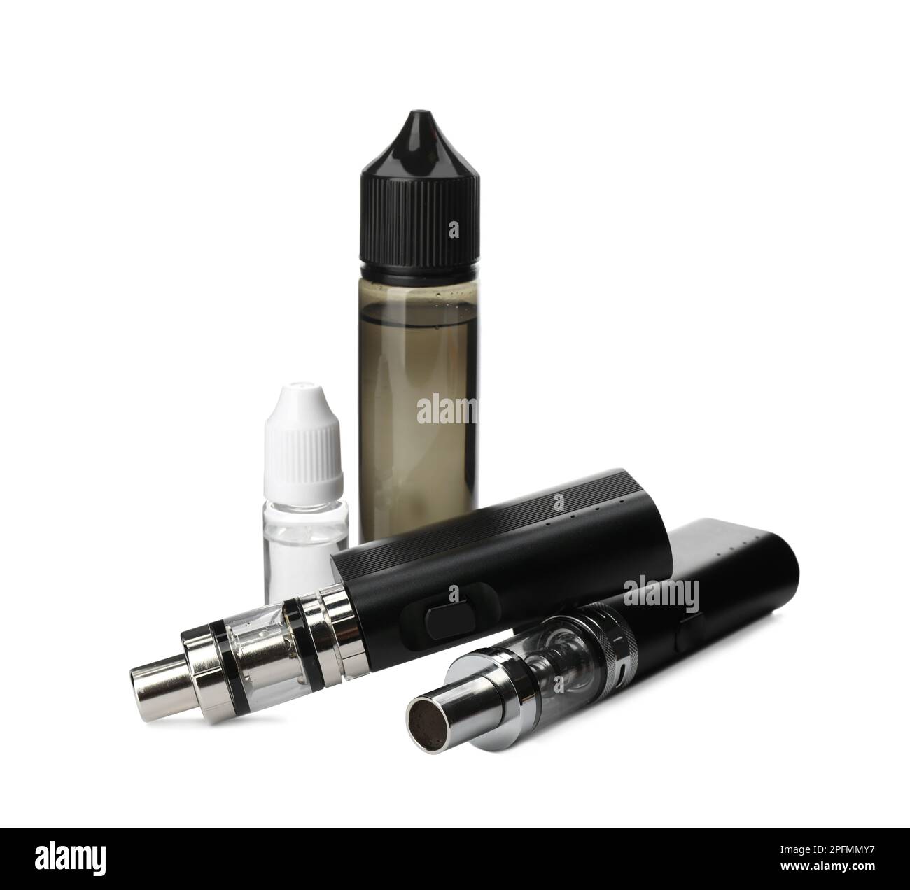 Electronic smoking devices and vaping liquid on white background Stock ...