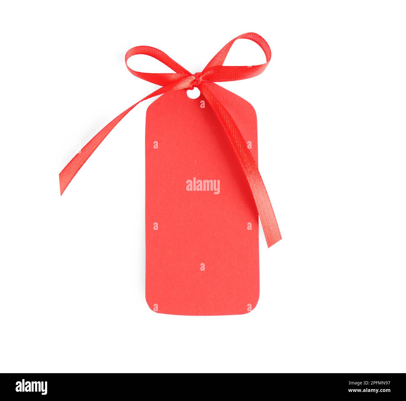 Blank red gift tag with satin ribbon on white background, top view ...