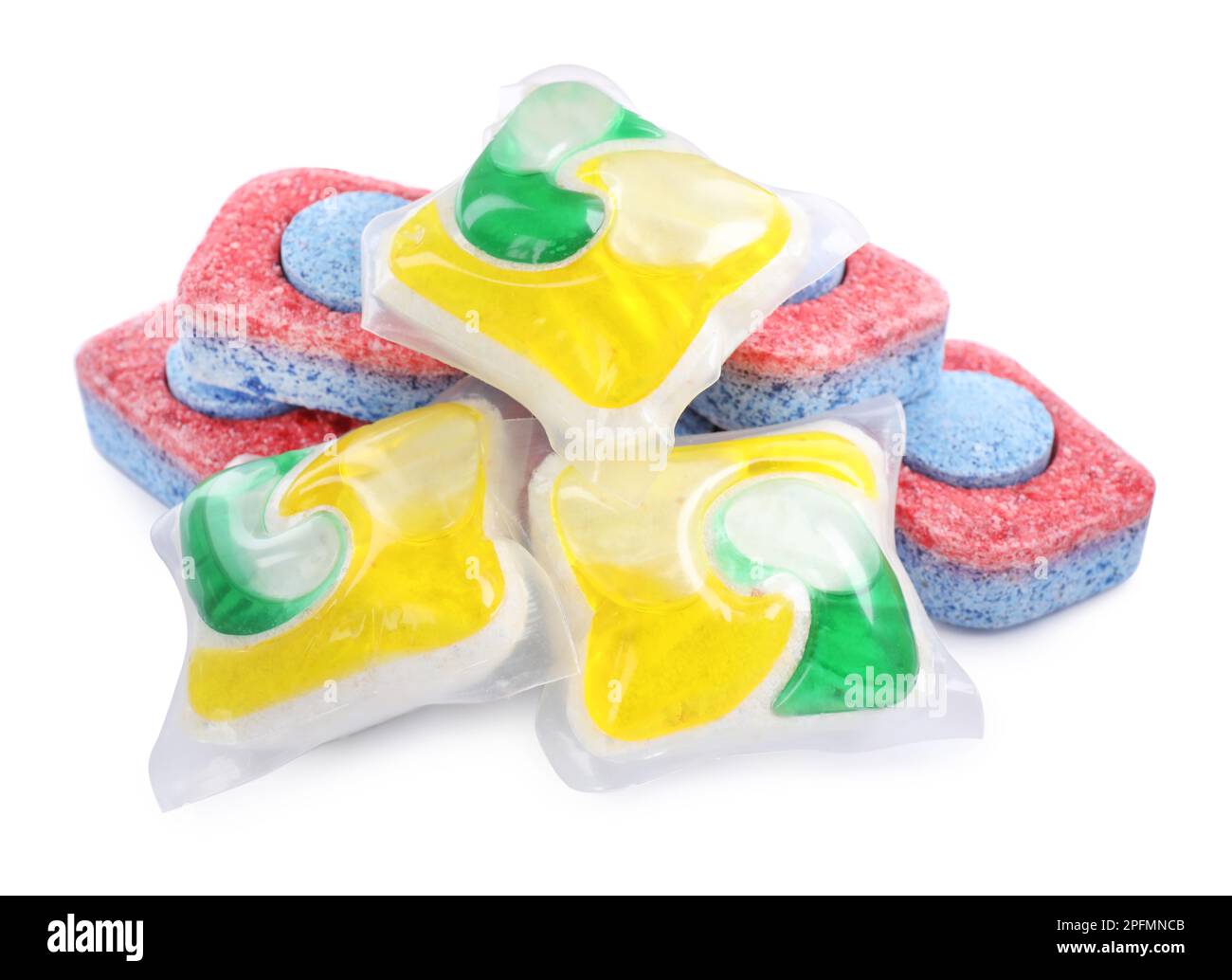 Dishwasher detergent pods and tablets on white background Stock Photo ...