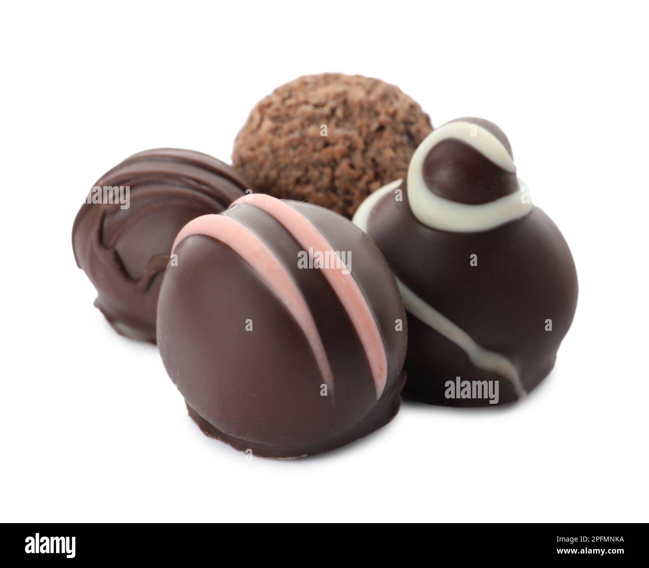 Many different delicious chocolate truffles on white background Stock ...