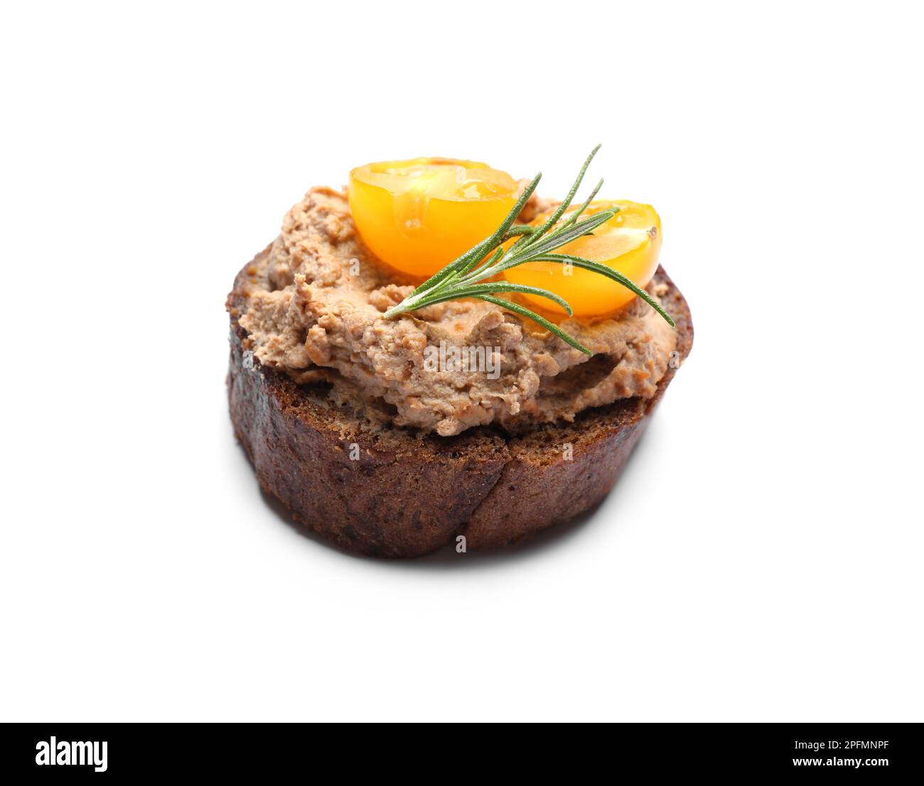 Slice of bread with delicious pate, tomato and rosemary isolated on ...