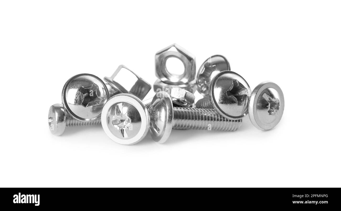 Different metal bolts and nuts on white background Stock Photo - Alamy