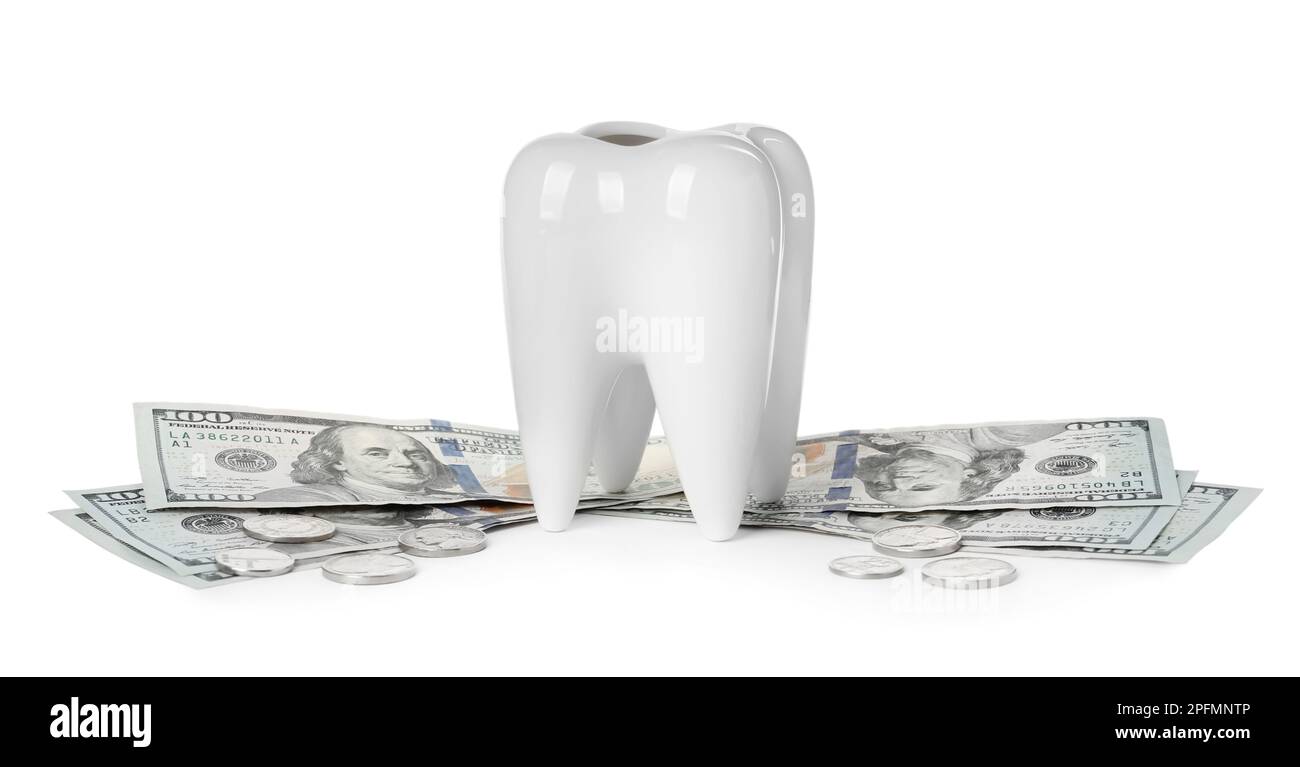 Ceramic model of tooth, dollar banknotes and coins on white background ...