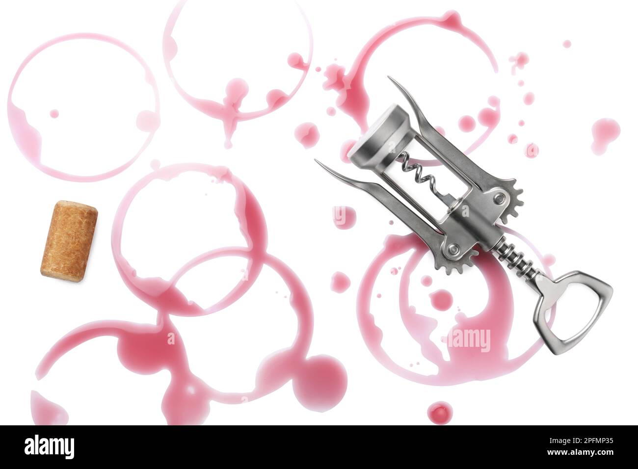 Red wine rings with drops, bung and metal corkscrew on white background ...