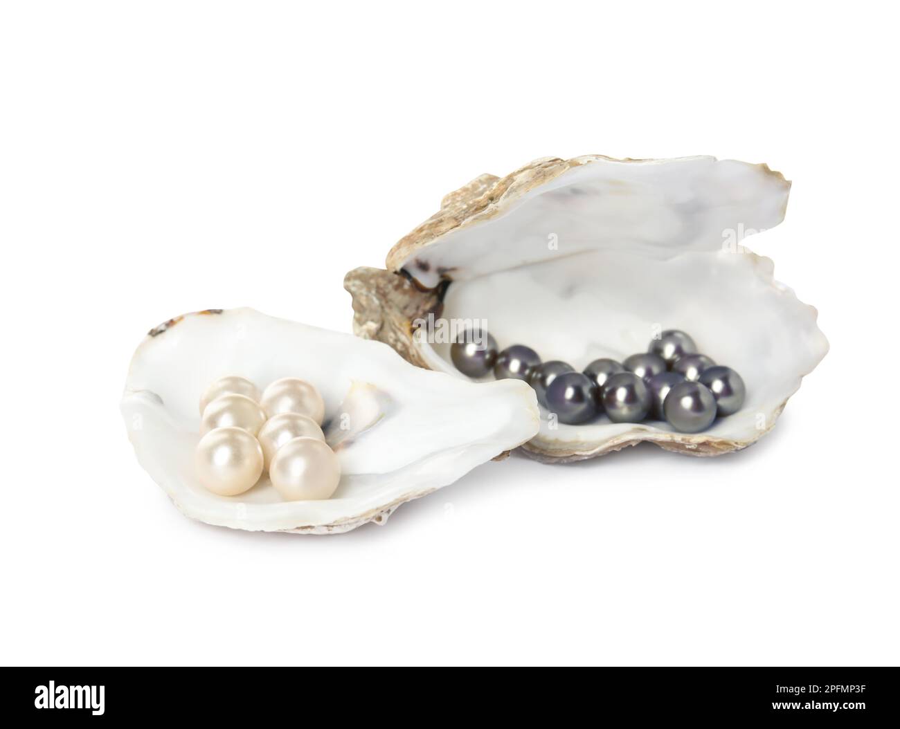 Oyster shells with different pearls on white background Stock Photo - Alamy