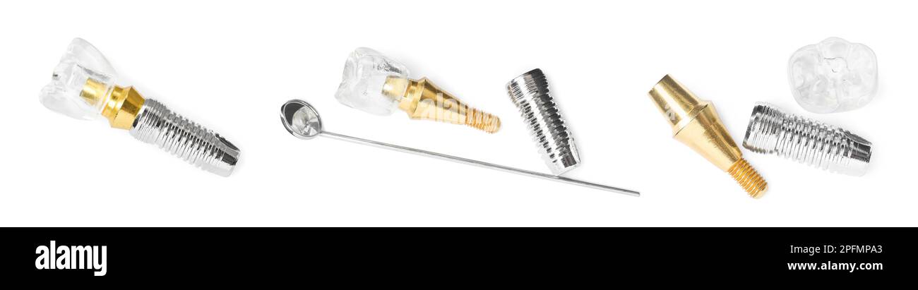 Educational models of dental implants and medical tools on white ...