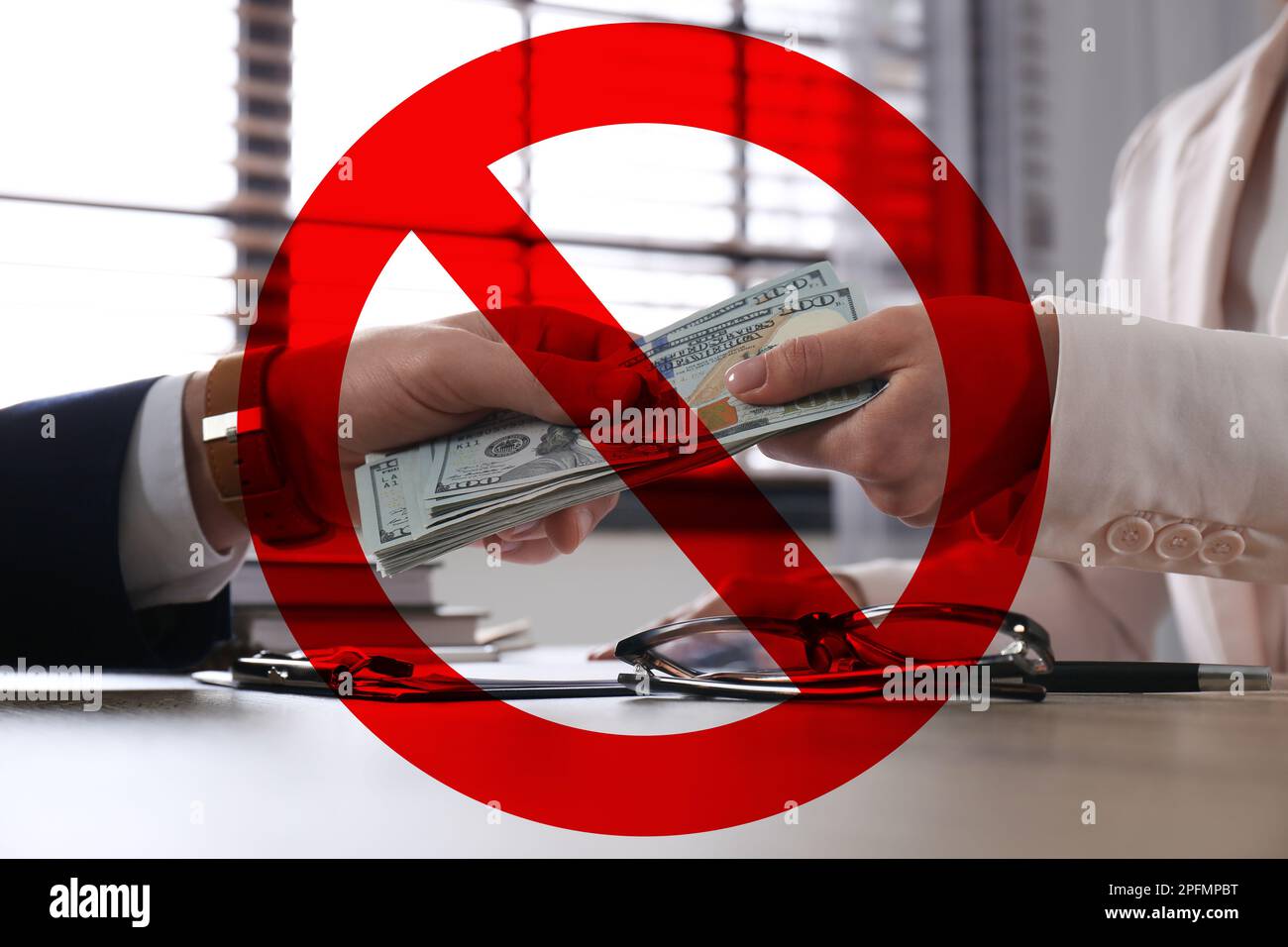Stop corruption. Illustration of red prohibition sign and man giving ...