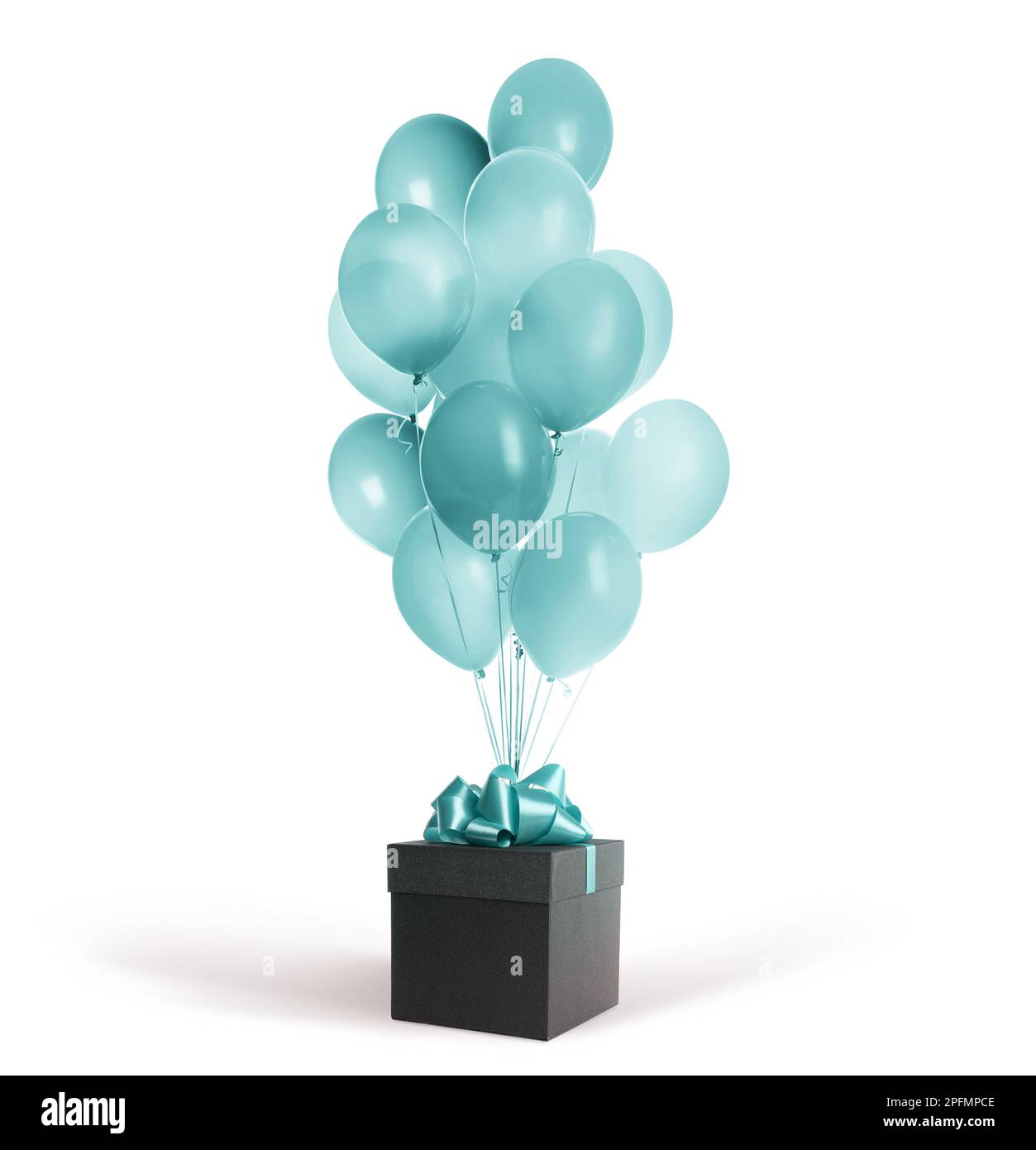 Beautiful gift box and bunch of light blue balloons on white background ...