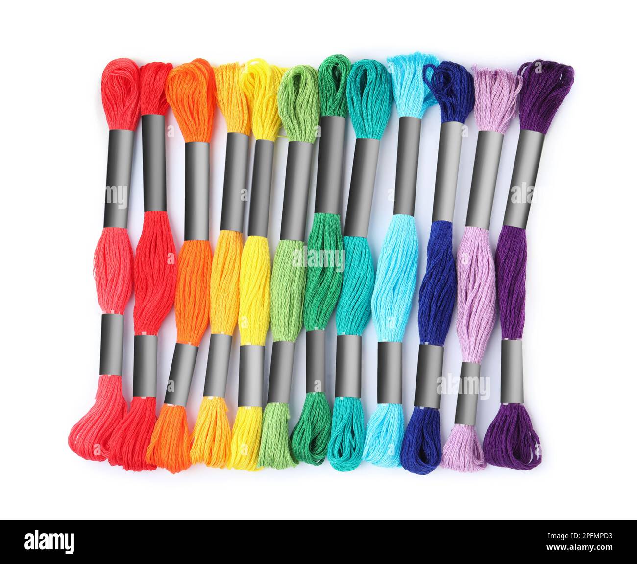 Set of colorful embroidery threads on white background, top view Stock ...