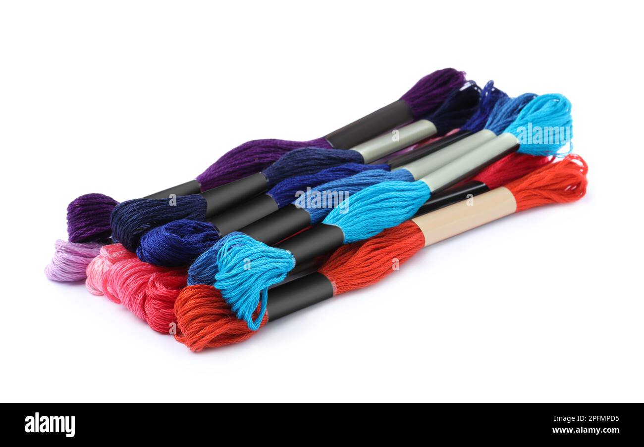 Set of colorful embroidery threads on white background Stock Photo - Alamy