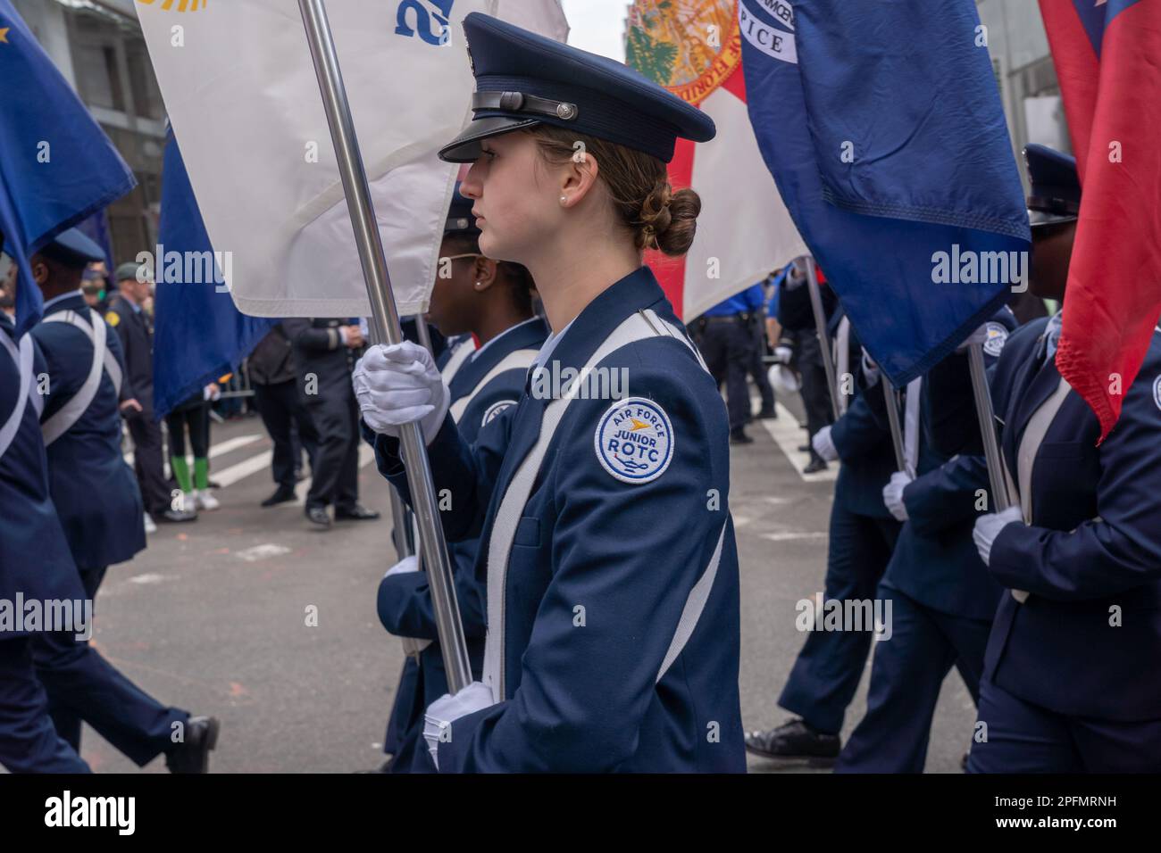 NEW YORK, NEW YORK - MARCH 17: Members of the Air Force Junior ROTC ...