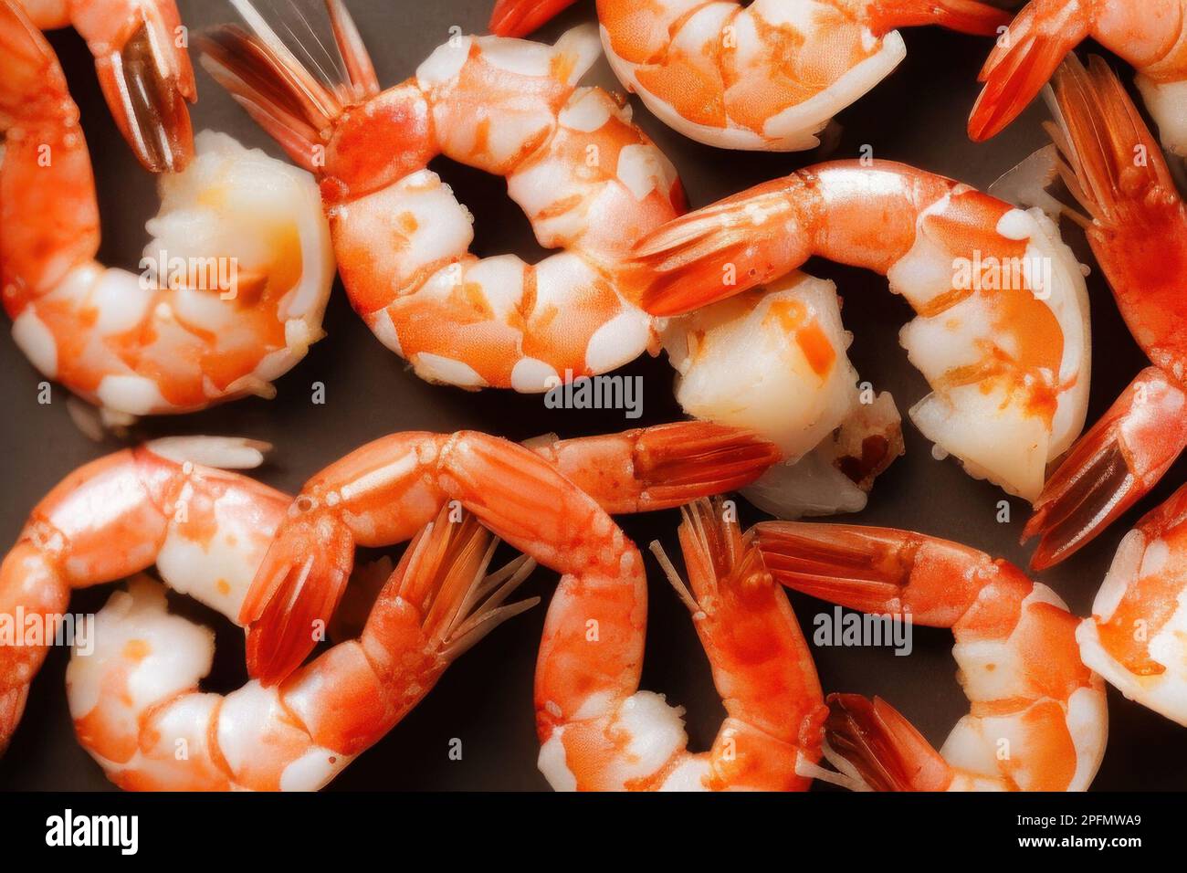 Cooked shrimps with tails red and white color on black background full ...
