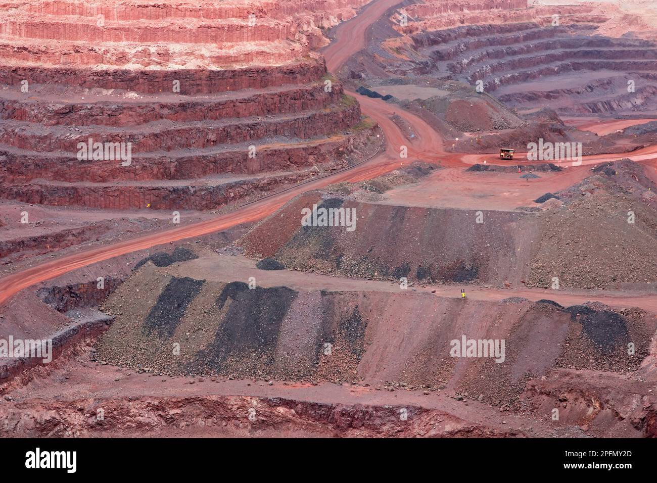 Large, open-pit iron ore mine showing the various layers of soil and ...