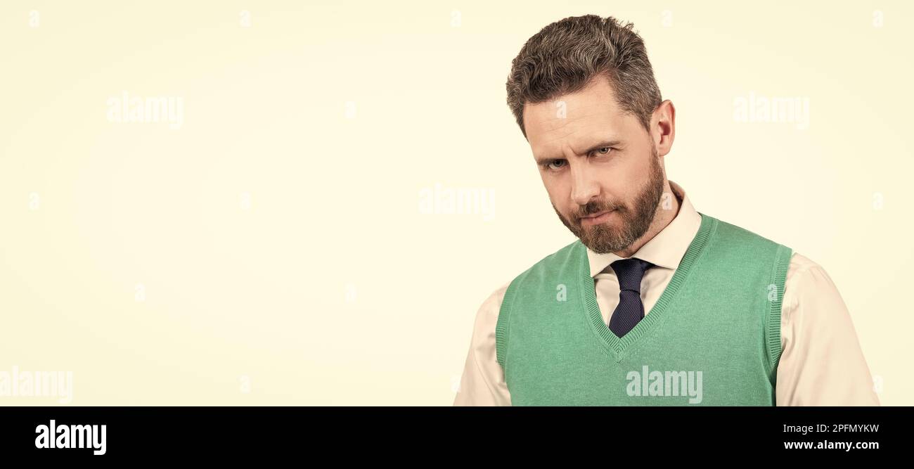 Man face portrait, banner with copy space. serious guy reading planner ...