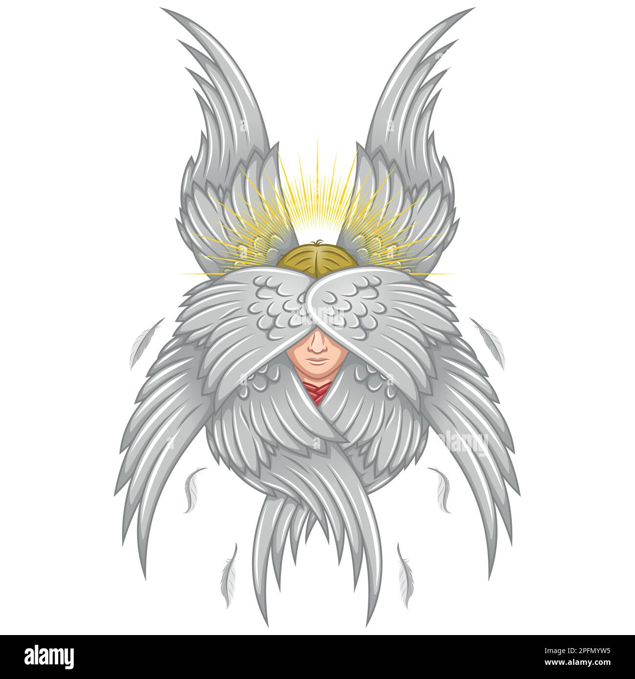 Vector design of seraph with six wings, angelic face of catholic religion, archangel with halo ...
