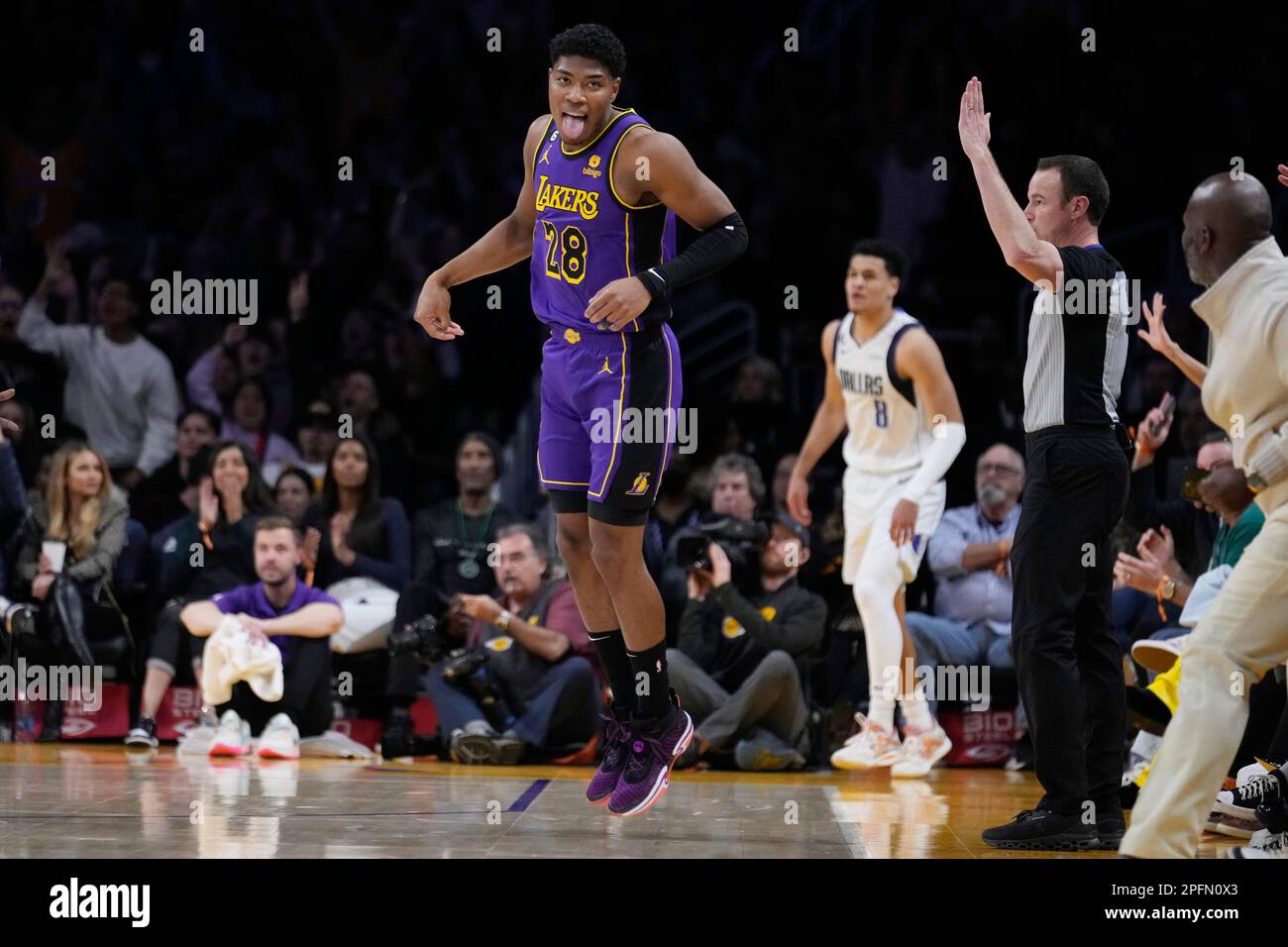 Los Angeles Lakers forward Rui Hachimura reacts after making a 3-point ...
