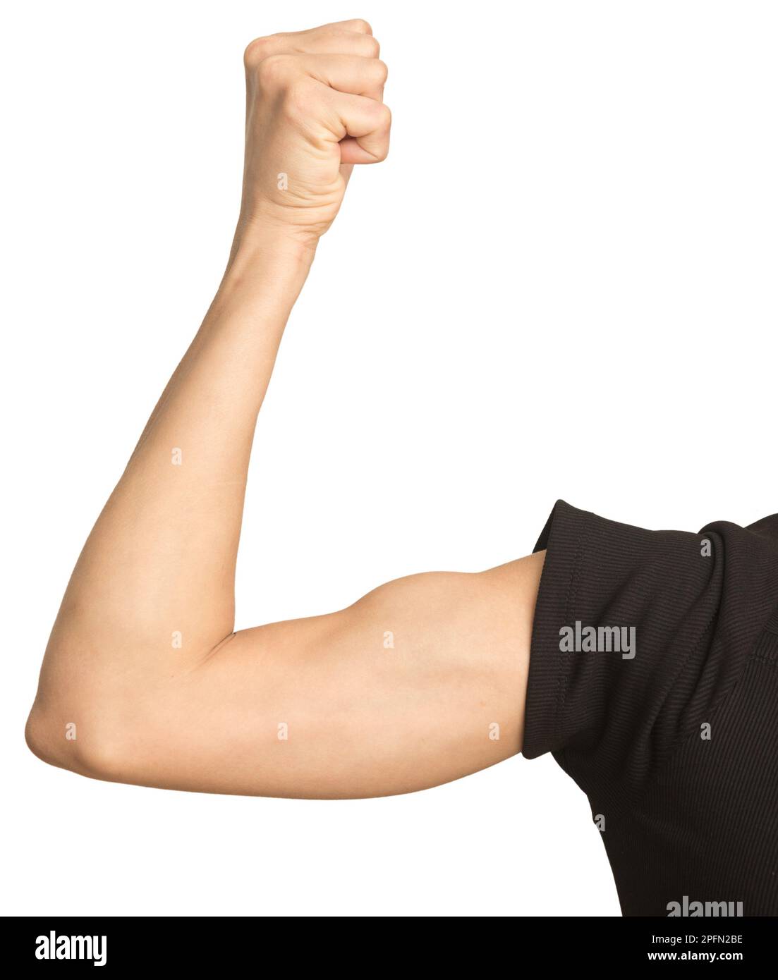 Woman flexing her biceps isolated on white background Stock Photo - Alamy