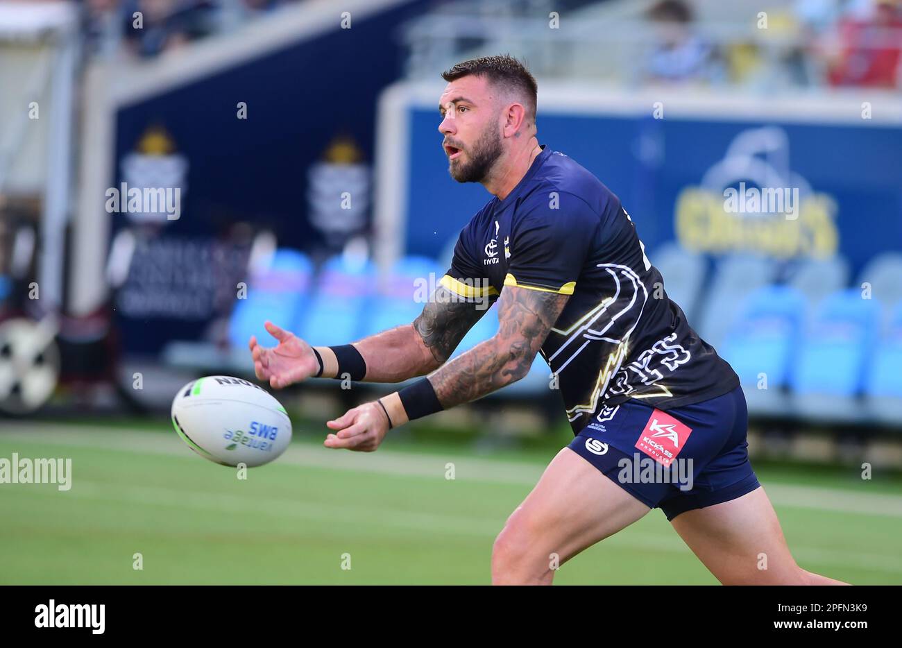 Kyle Feldt of the Cowboys warms up during the NRL Round 3 match between ...