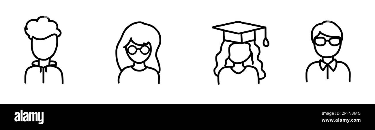 Collection of students in cartoon outline doodle style. Vector ...