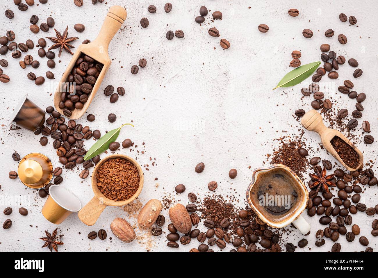 Background of various coffee , dark roasted coffee beans , ground and ...