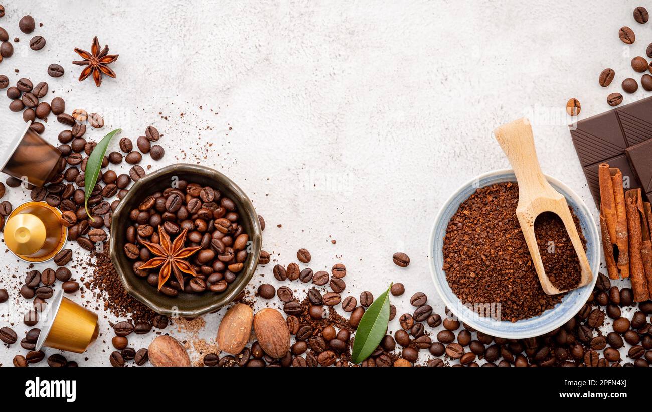 Background of various coffee , dark roasted coffee beans , ground and ...