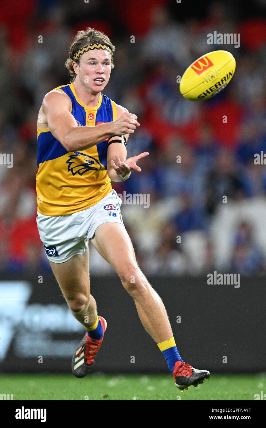 Jayden Hunt of West Coast in action during the AFL Round 1 match between the North Melbourne ...