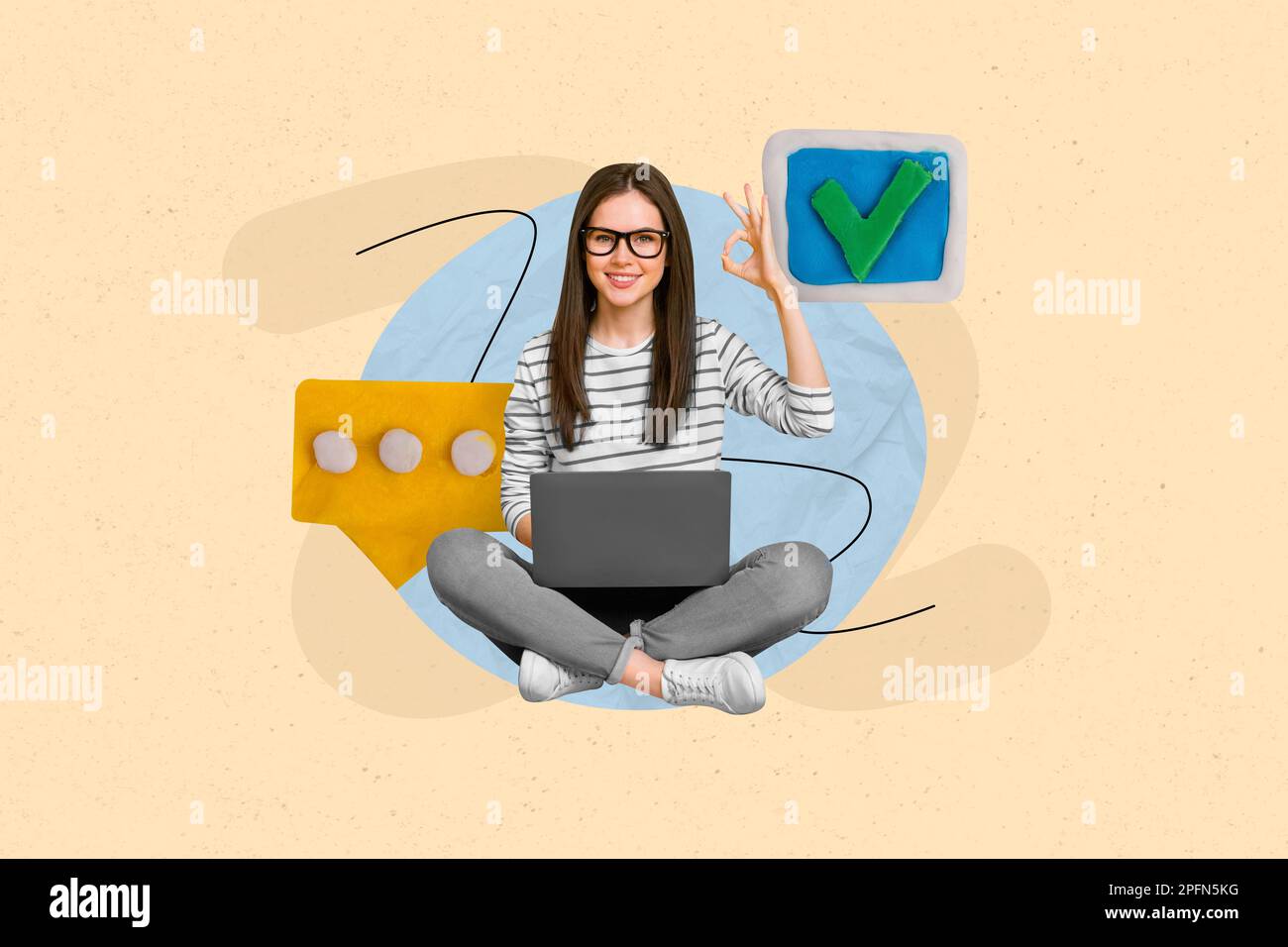 Collage image artwork poster illustration of happy smiling girl use ...