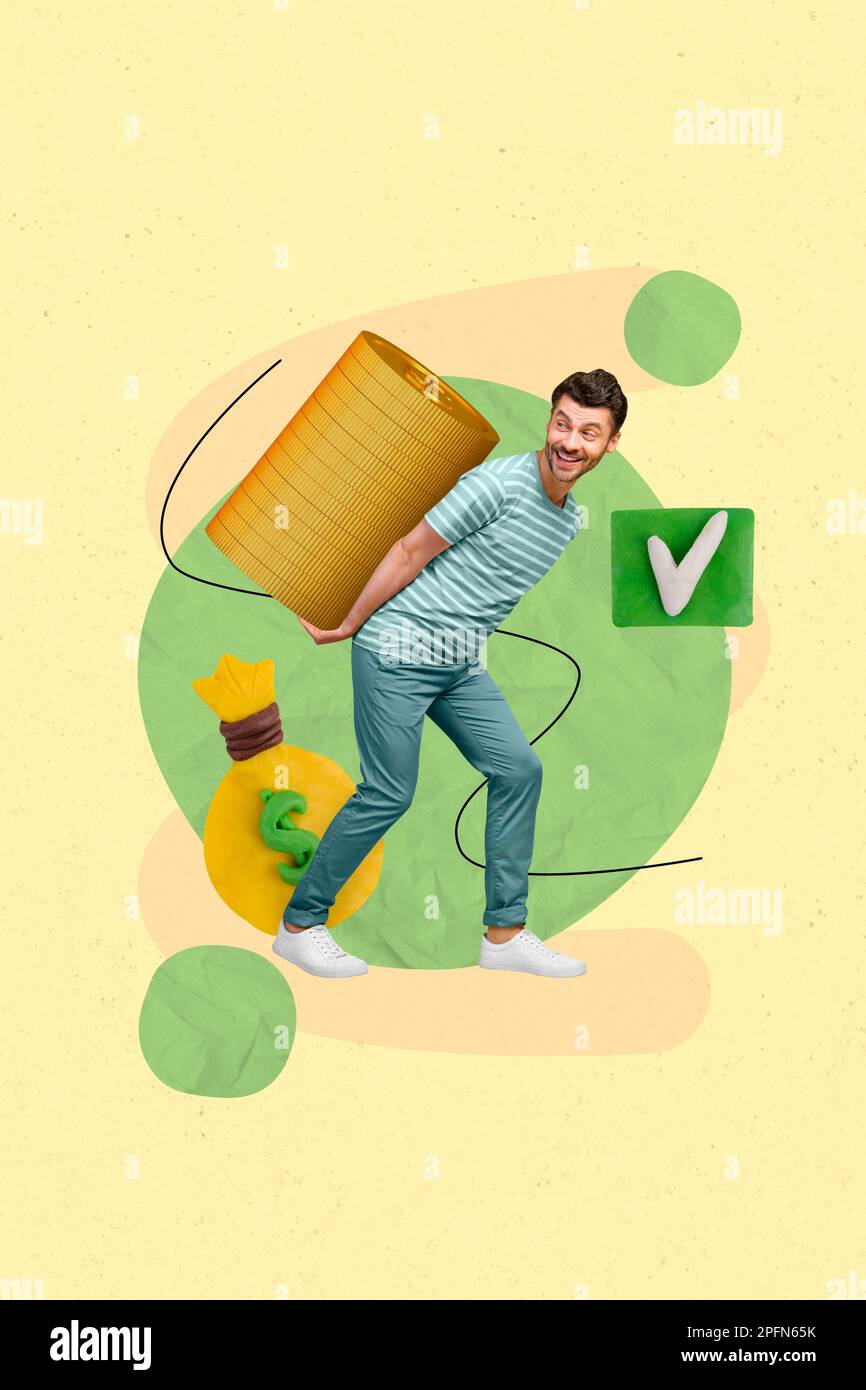 Vertical image collage artwork of happy positive man finish work hold ...