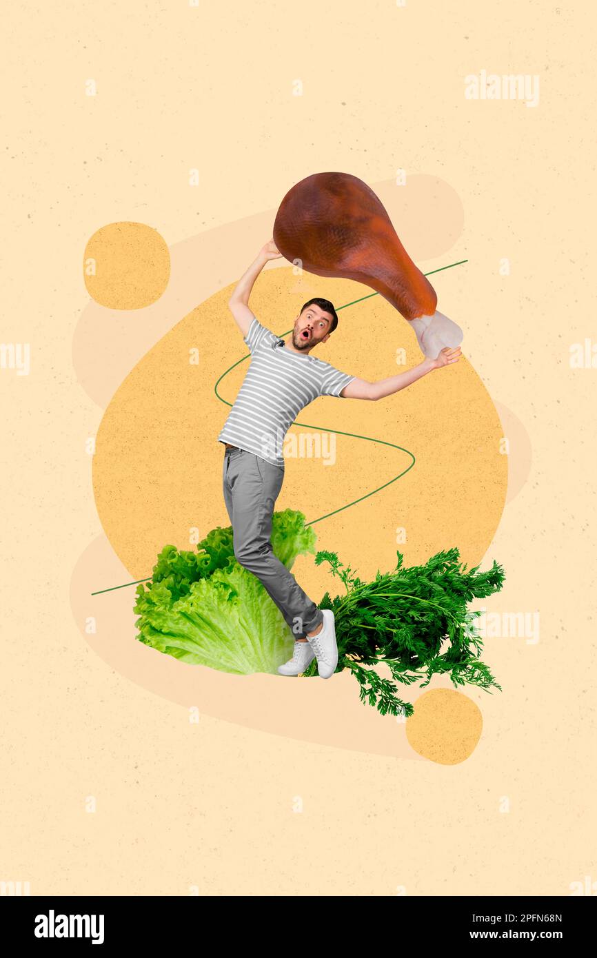 Picture 3d painting collage artwork sketch of crazy man hold big meat ...