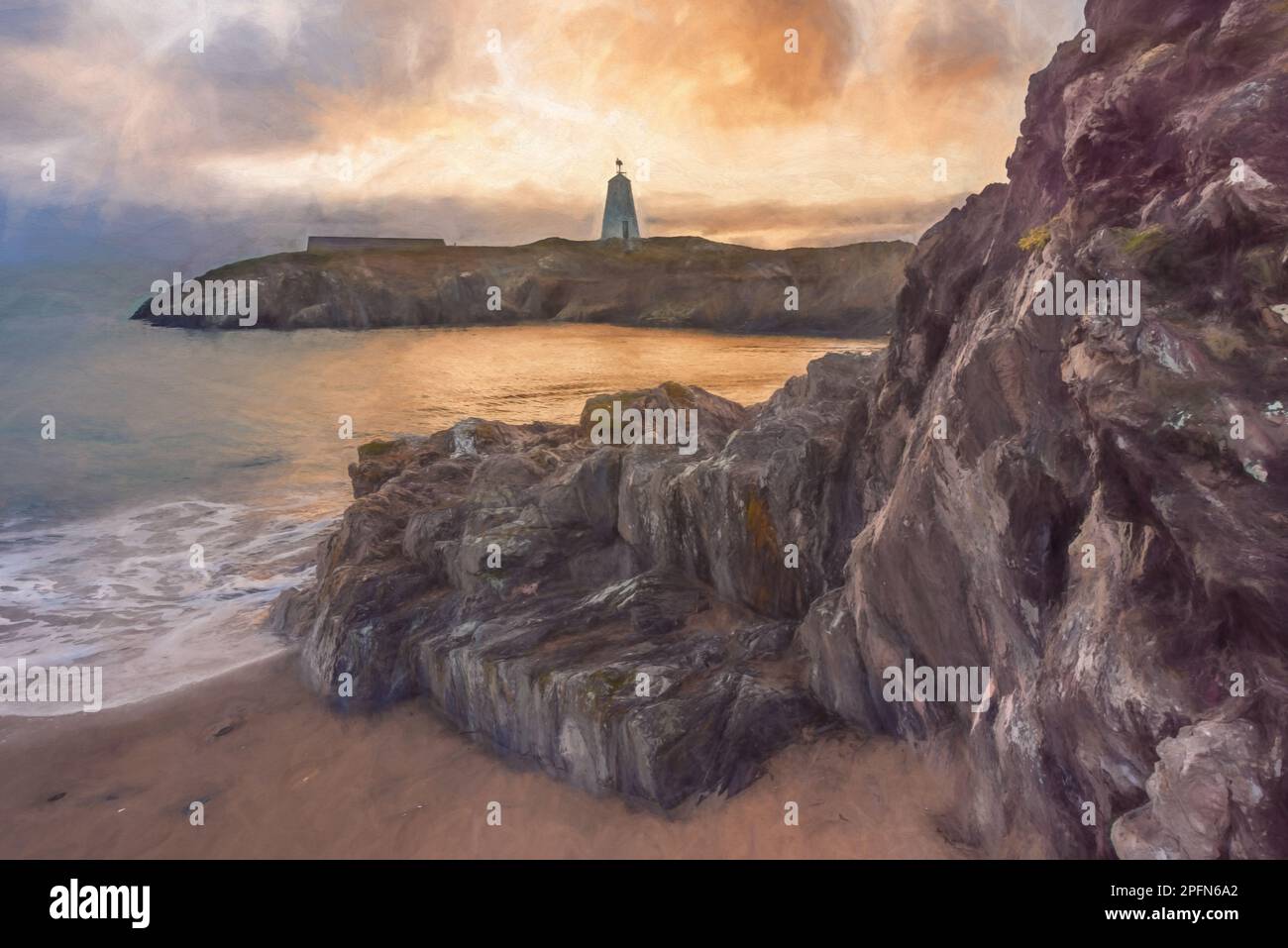 Digital painting of the Llanddwyn island lighthouse, Goleudy Twr Bach ...