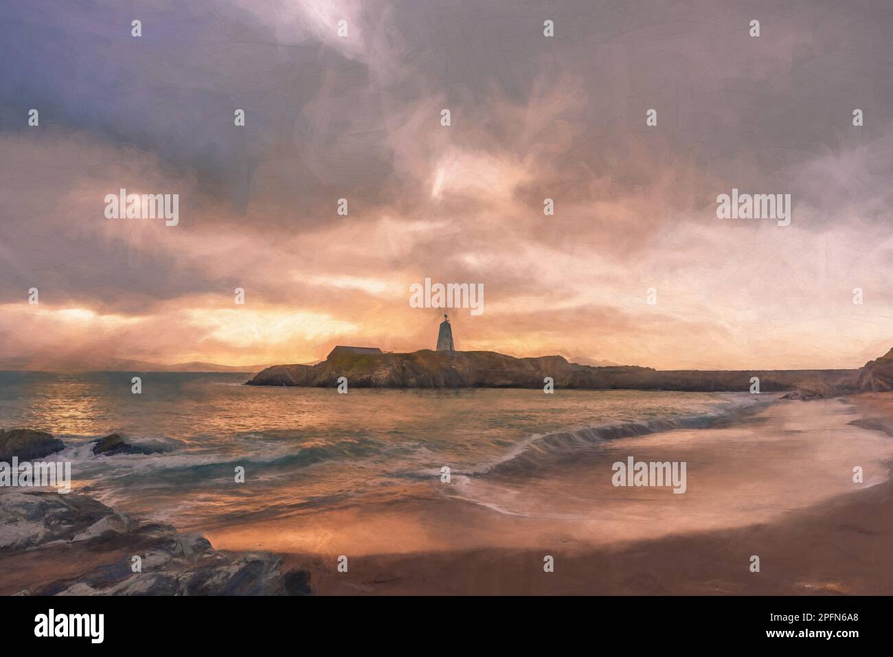 Digital painting of the Llanddwyn island lighthouse, Goleudy Twr Bach ...