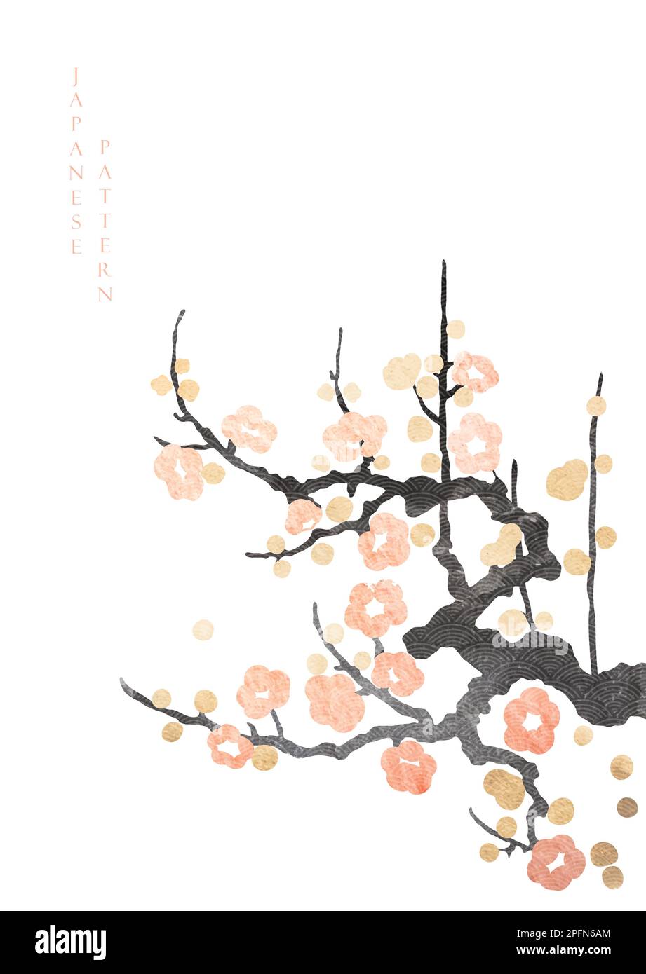 Japanese background with gold and black texture vector. Cherry blossom ...