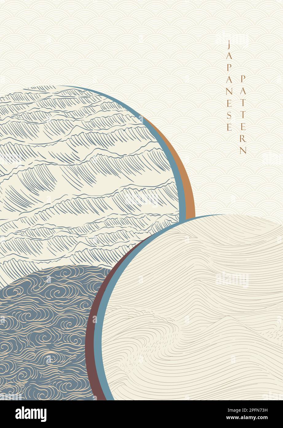 Hand drawn ocean sea background with Japanese wave pattern vector ...