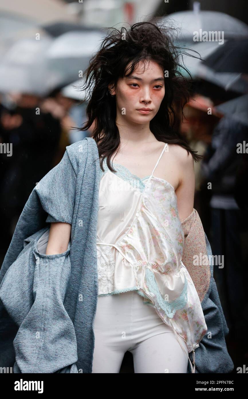 Tokyo, Japan. 18th Mar, 2023. A model wearing fashion brand aki masuda ...