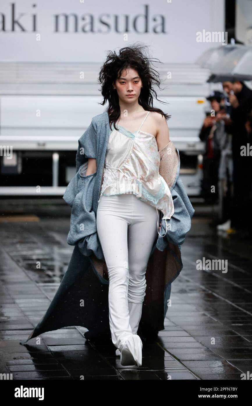 Tokyo, Japan. 18th Mar, 2023. A model wearing fashion brand aki masuda ...