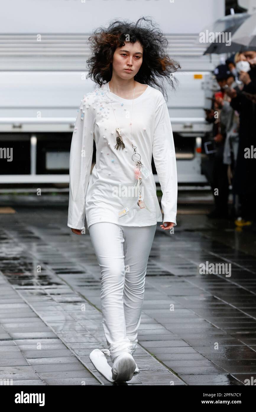 Tokyo, Japan. 18th Mar, 2023. A model wearing fashion brand aki masuda ...