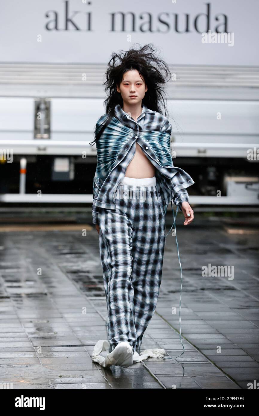 Tokyo, Japan. 18th Mar, 2023. A model wearing fashion brand aki masuda ...