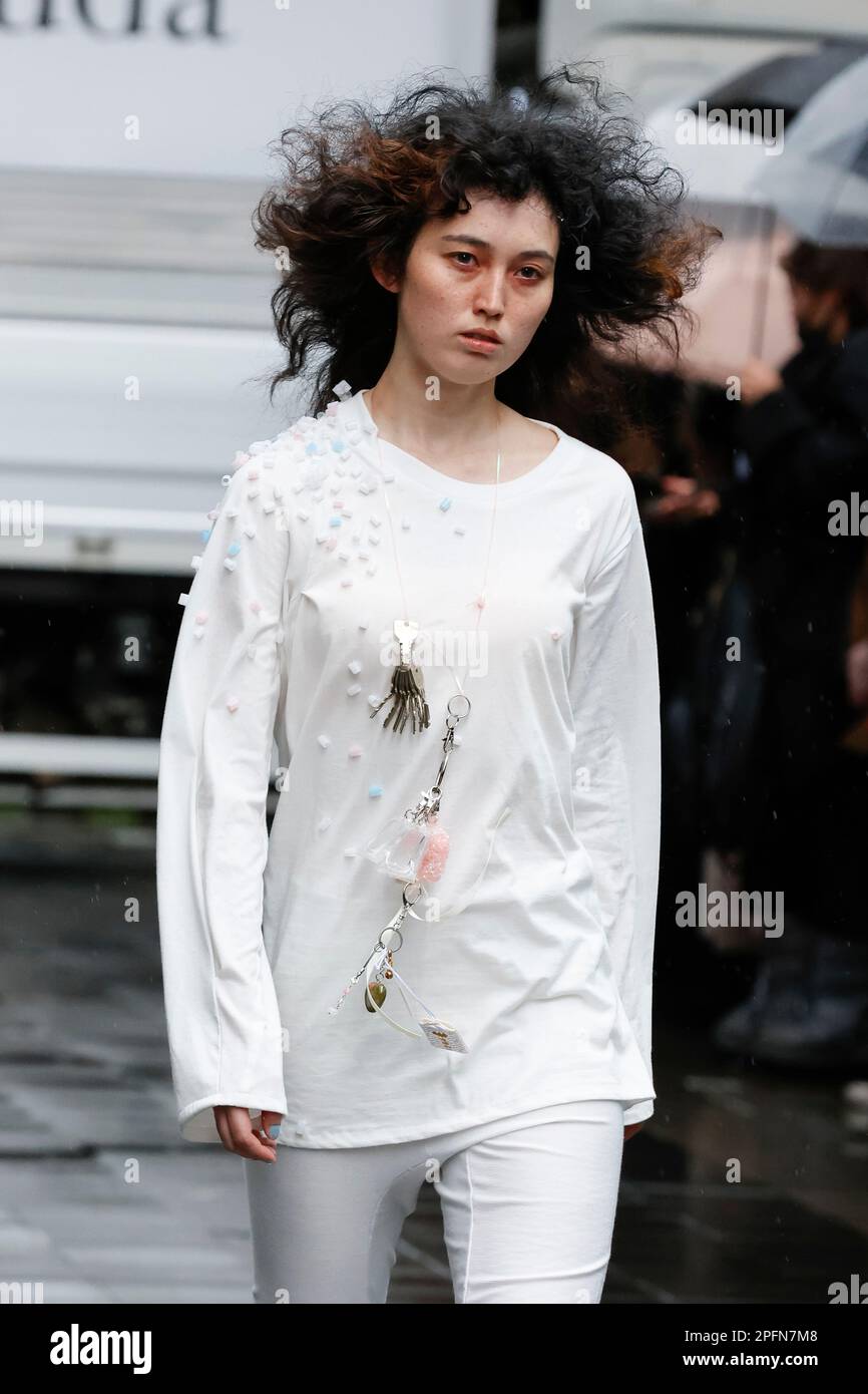 Tokyo, Japan. 18th Mar, 2023. A model wearing fashion brand aki masuda ...