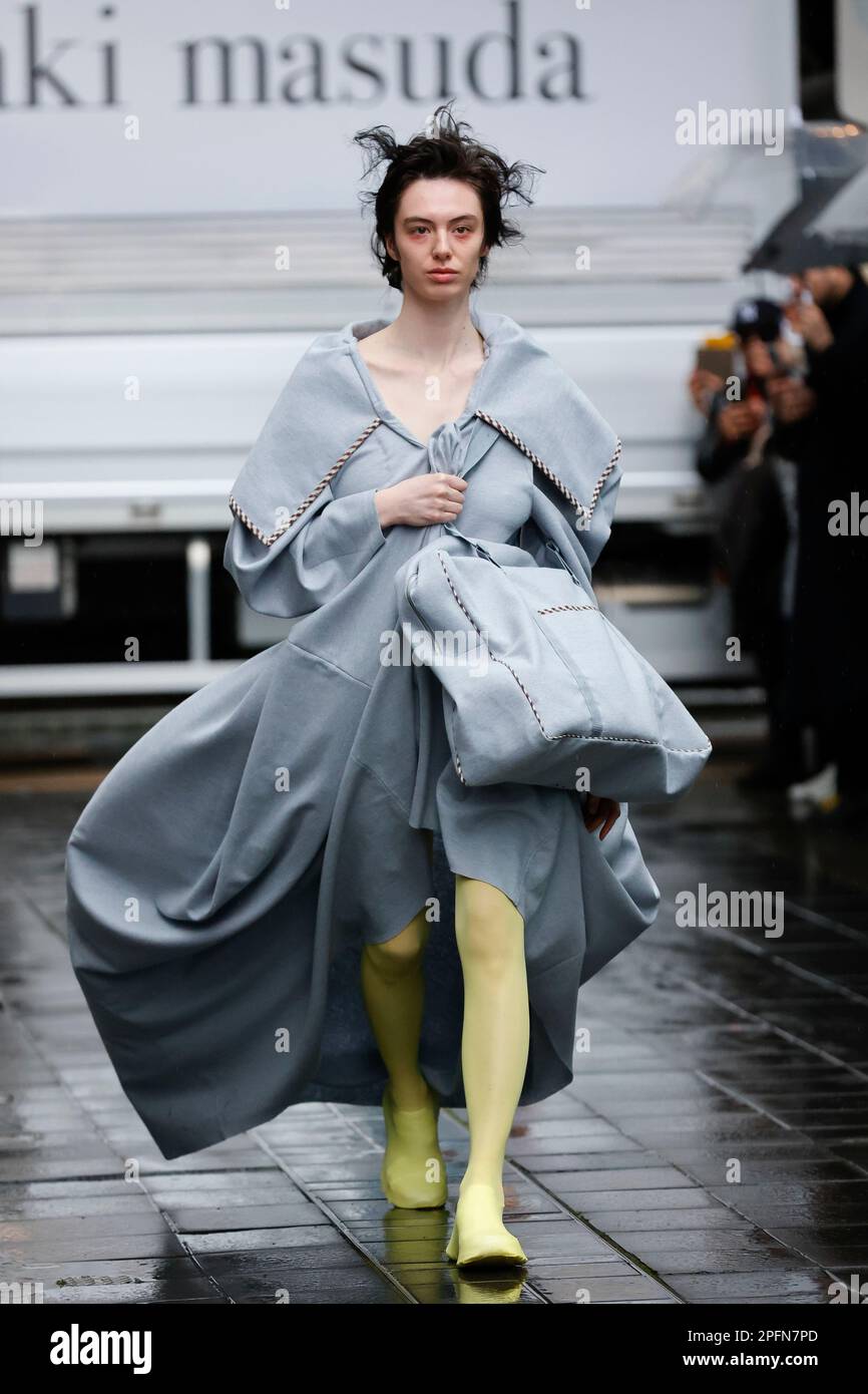 Tokyo, Japan. 18th Mar, 2023. A model wearing fashion brand aki masuda ...